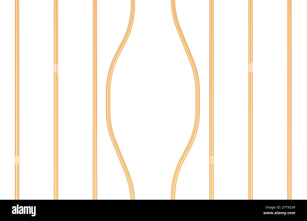 Golden prison bars bent, curved metal rods of jail cage. Prison escape ...