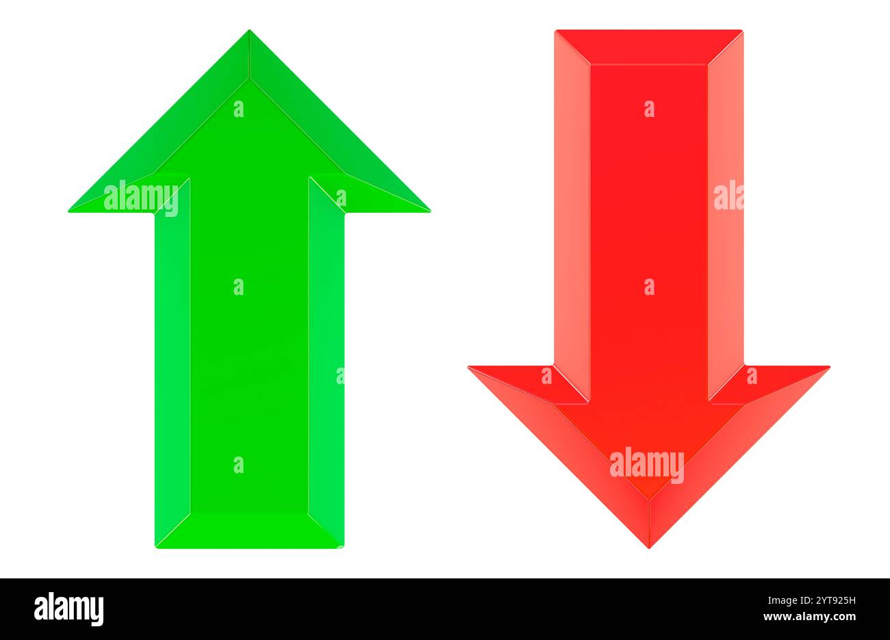 Green arrow up and red arrow down, 3D rendering isolated on white ...