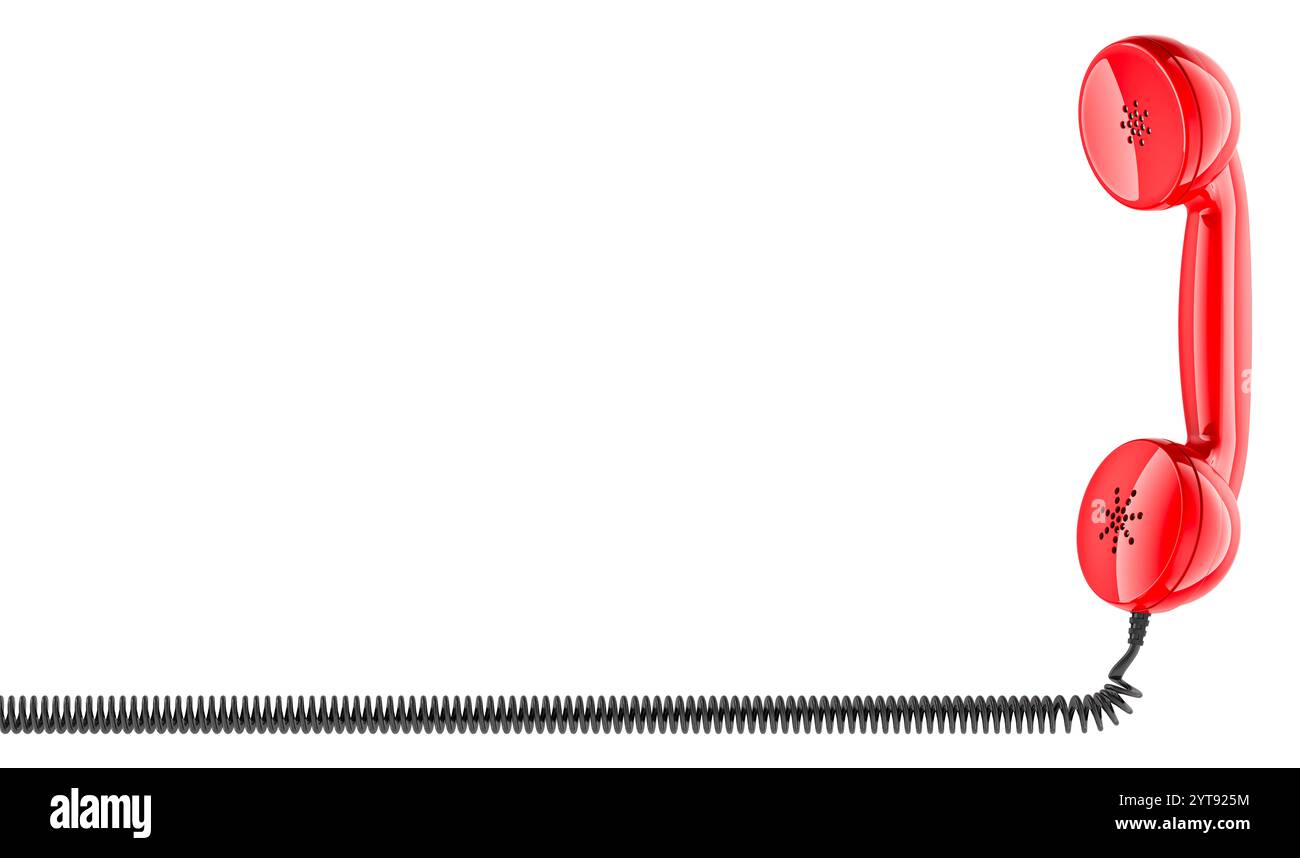 Red phone handset, telephone receiver with long phone cord. 3D ...