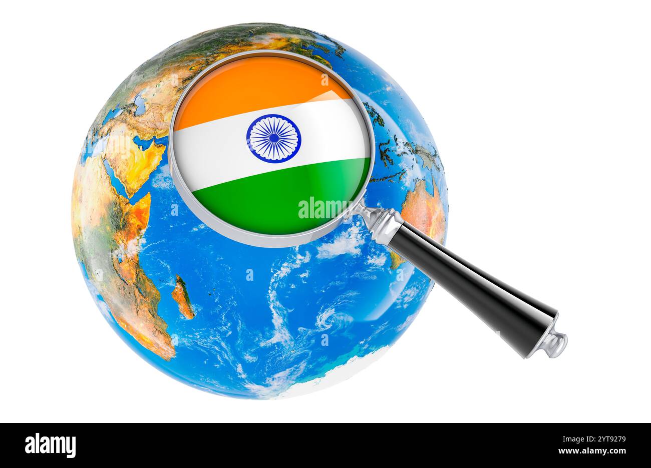 Indian flag under magnifying glass with Earth Globe, 3D rendering ...