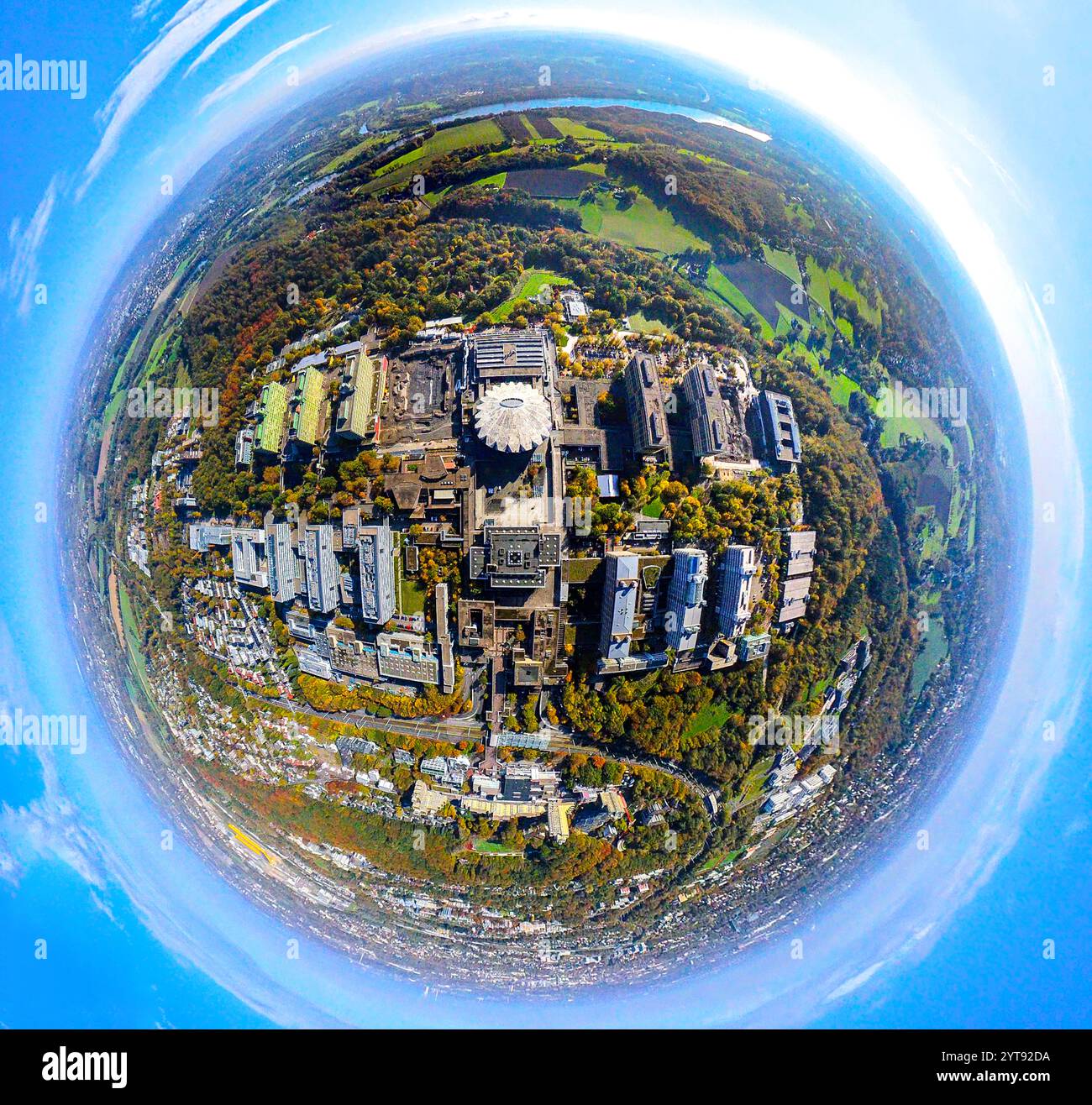 Aerial view, RUB Ruhr-University Bochum with the shell-like round ...