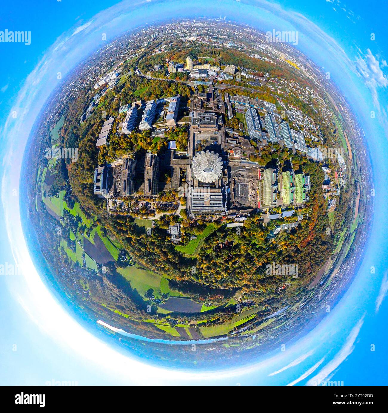 Aerial view, RUB Ruhr University Bochum with the shell-like round ...