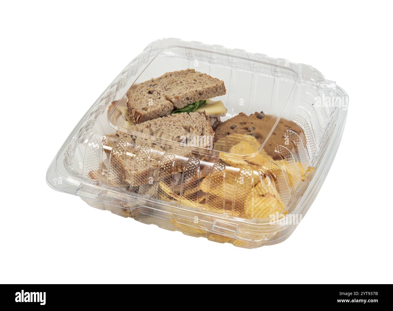 Clear plastic take out container with lunch sandwich, chips Stock Photo ...