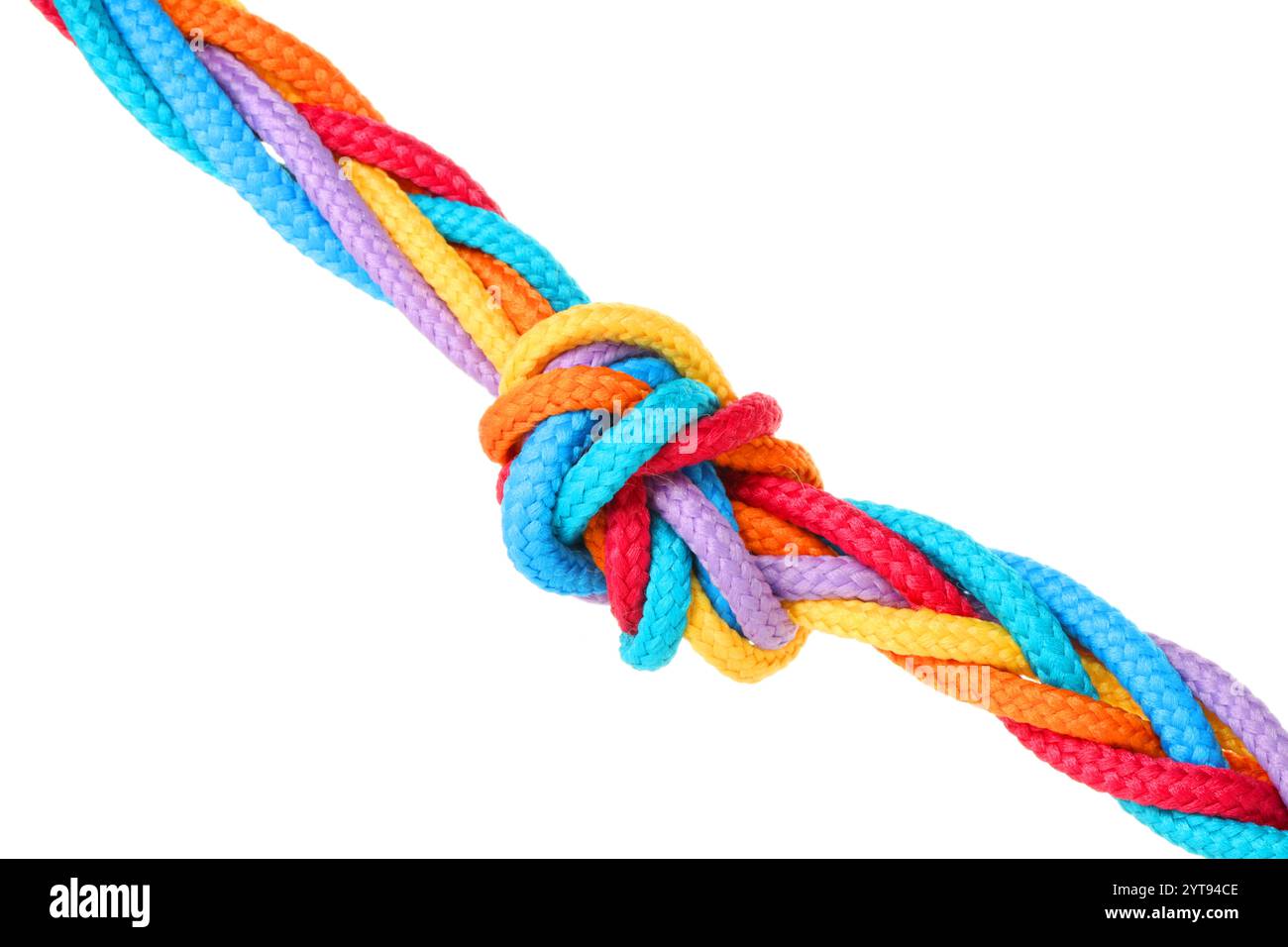 Colorful ropes tied in knot isolated on white. Unity concept Stock ...