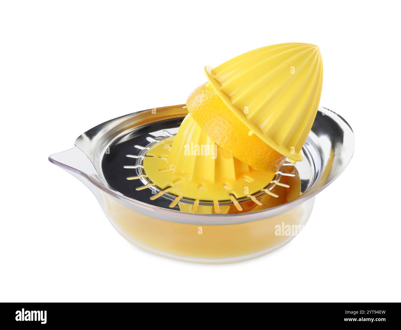 Metal juicer and squeezed orange isolated on white Stock Photo - Alamy