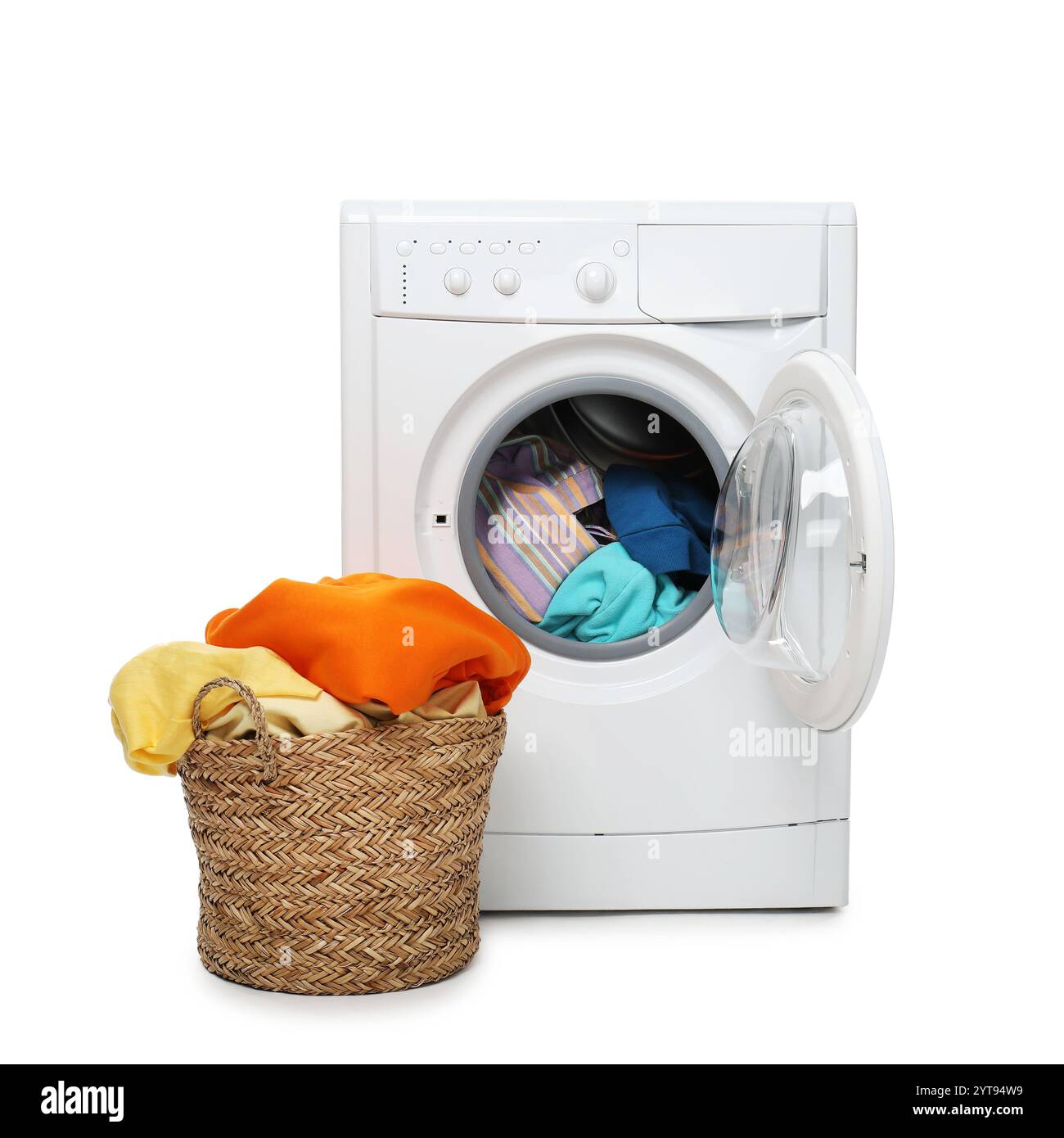 Modern washing machine and laundry basket isolated on white Stock Photo ...