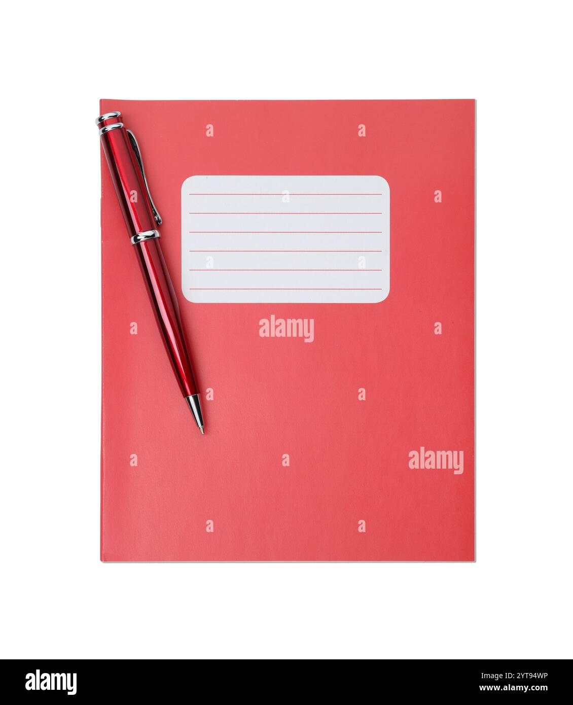 Copybook and pen isolated on white, top view. School stationery Stock ...