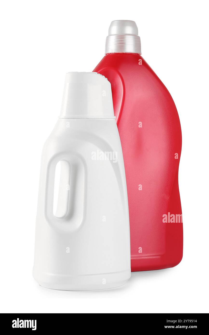 Bottles with laundry detergent isolated on white Stock Photo - Alamy
