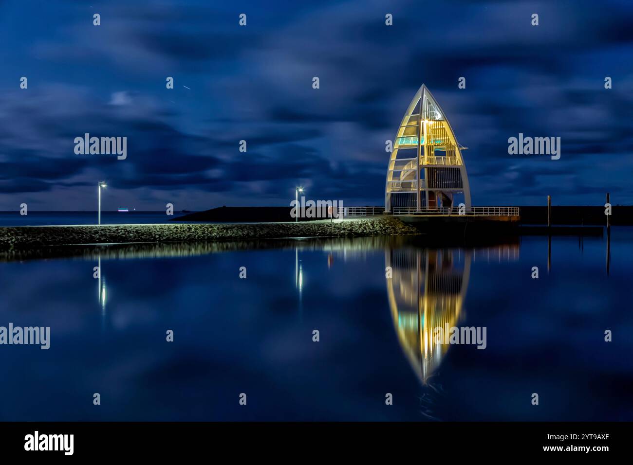 Sea mark in the harbor on a full moon night on the East Frisian island ...