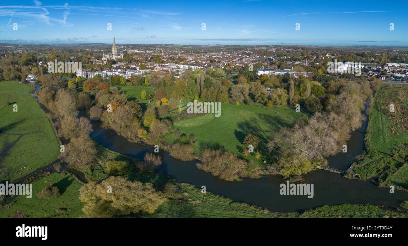 Aerial panoramic view of the River Avon at Churchill Gardens, looking ...