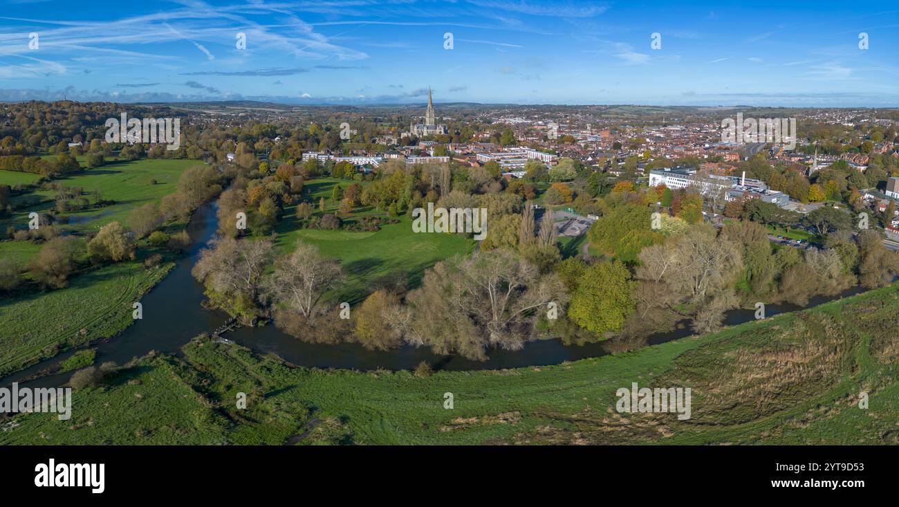 Aerial panoramic view of the River Avon at Churchill Gardens, looking ...
