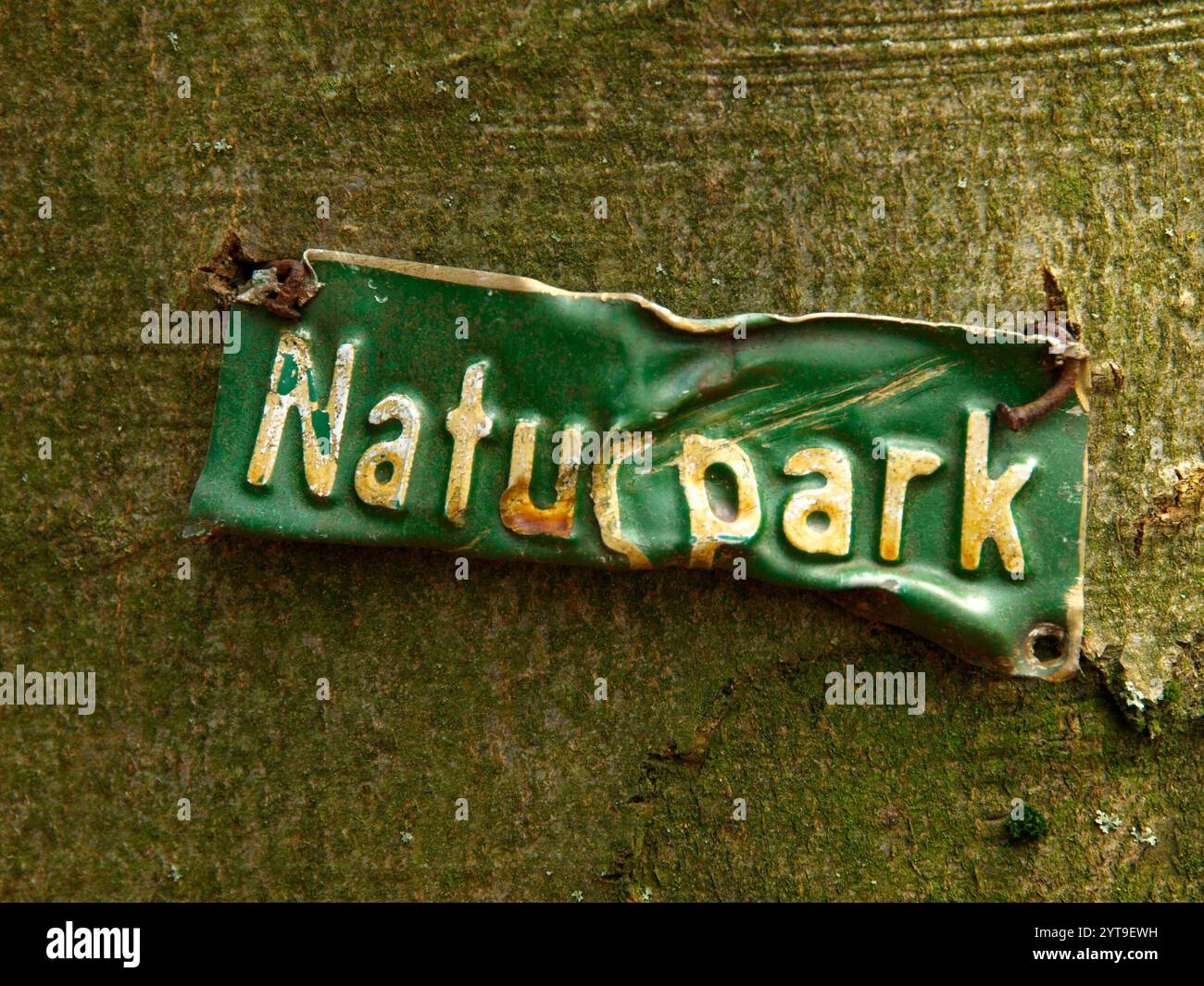 Nature park sign nailed to a tree Stock Photo - Alamy