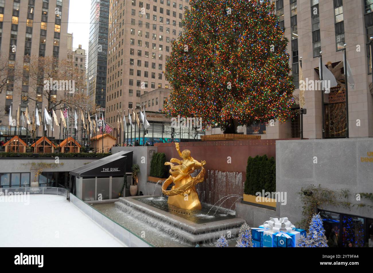 An ice skating rink is seen in Rockfeller Center, Manhattan, New York ...