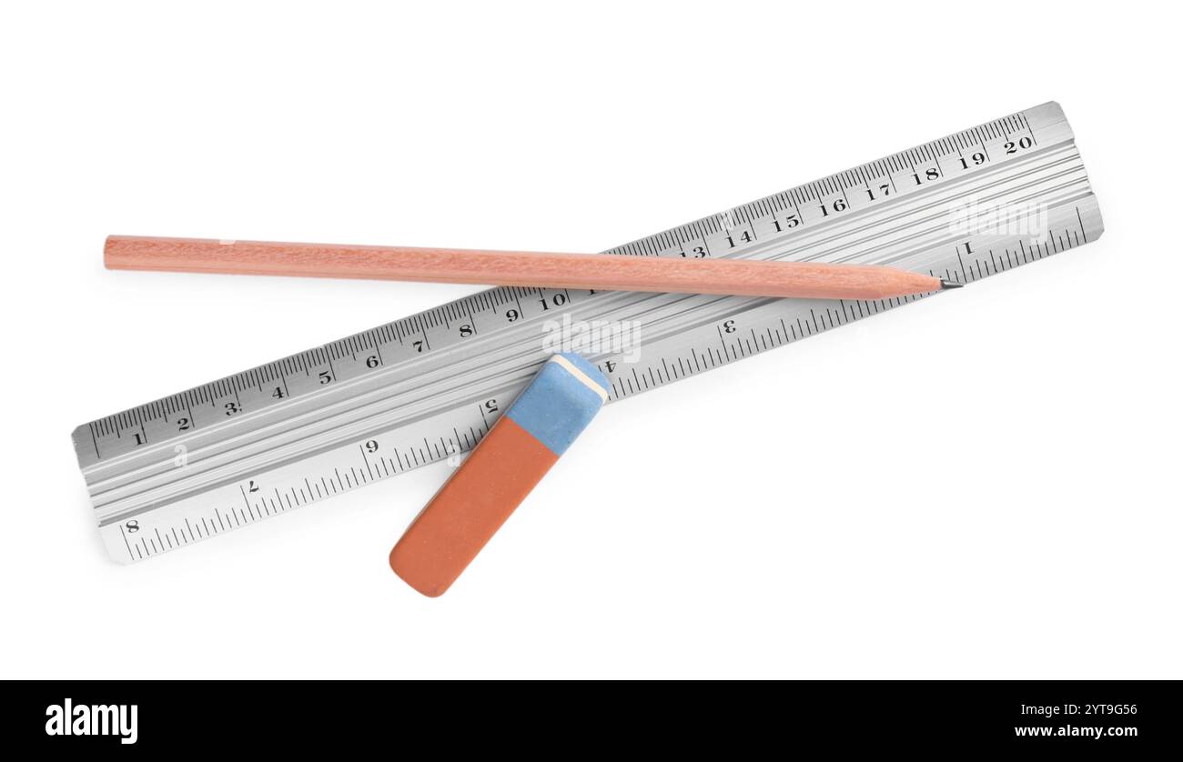 Ruler, pencil and eraser isolated on white, top view Stock Photo - Alamy