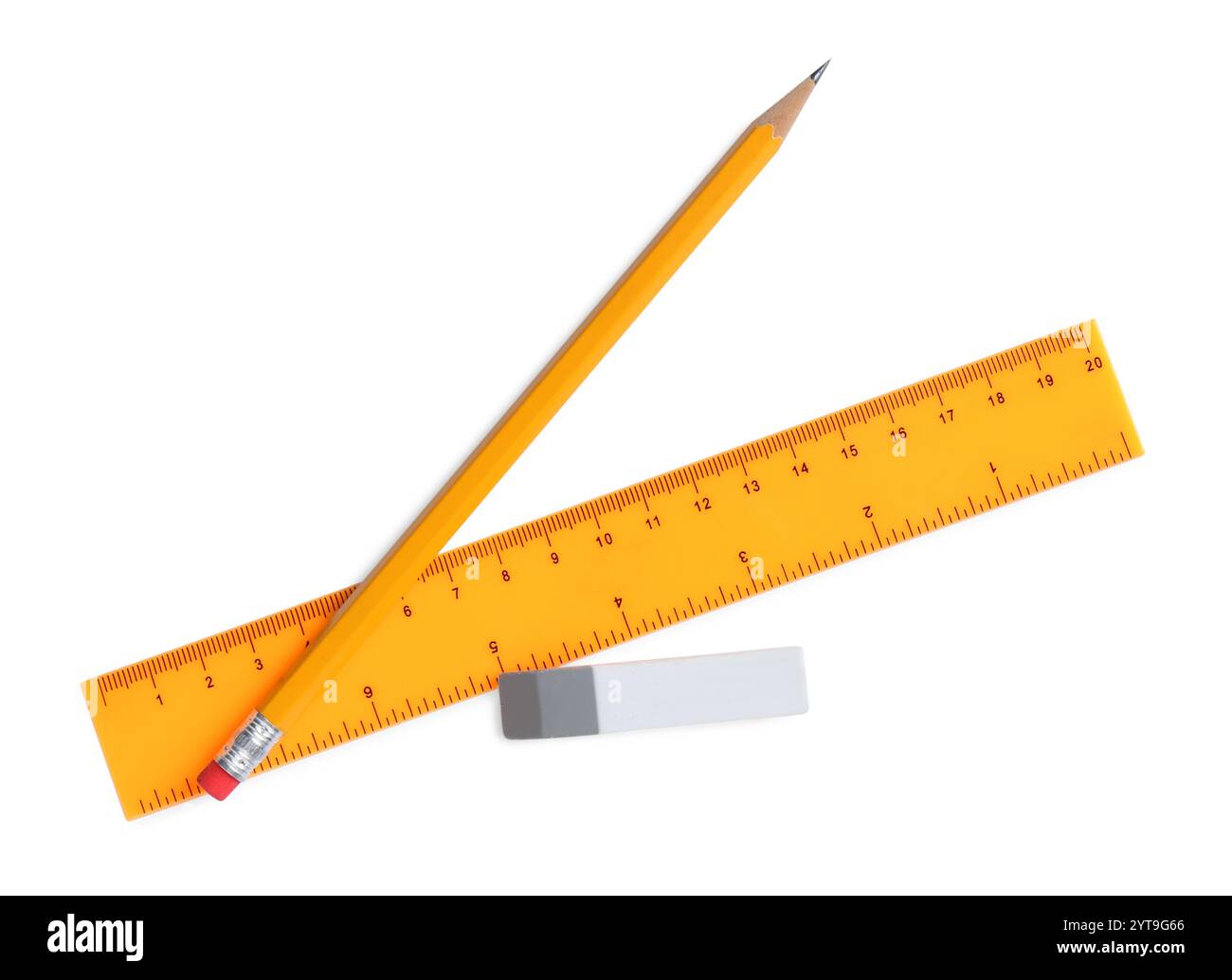 Ruler, pencil and eraser isolated on white, top view Stock Photo - Alamy