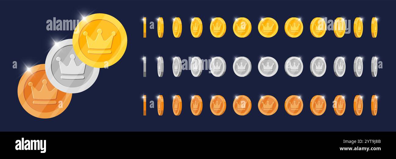 Gold, silver, bronze coins in animated rotation from multiple ...