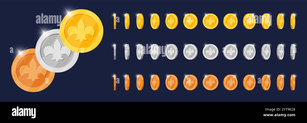 Turning gold, silver, bronze coins animated in multiple angles for ...