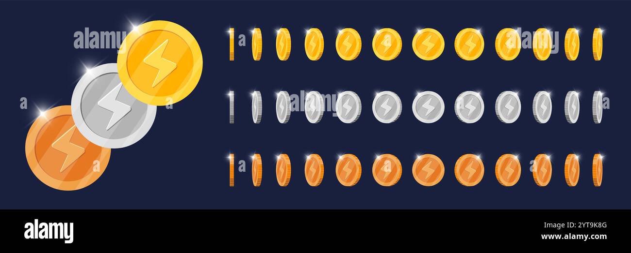 Gold, silver, bronze coin animation spinning in varied directions for ...