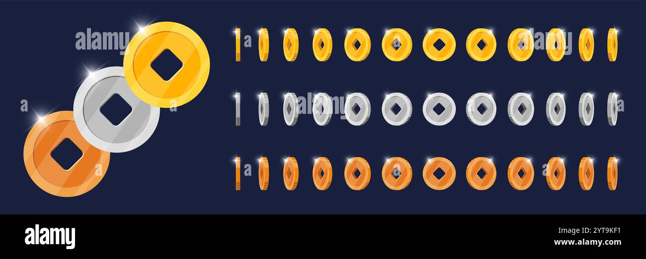 Rotating gold, silver, bronze video game coins animated motion. Chinese ...
