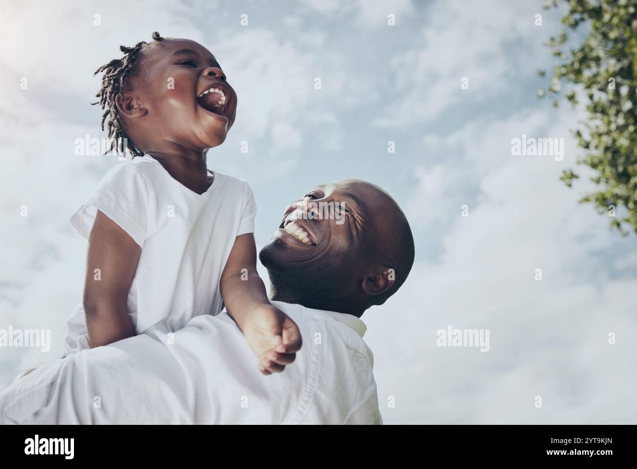 Outdoor, black people and father with child for laughing, playful and ...