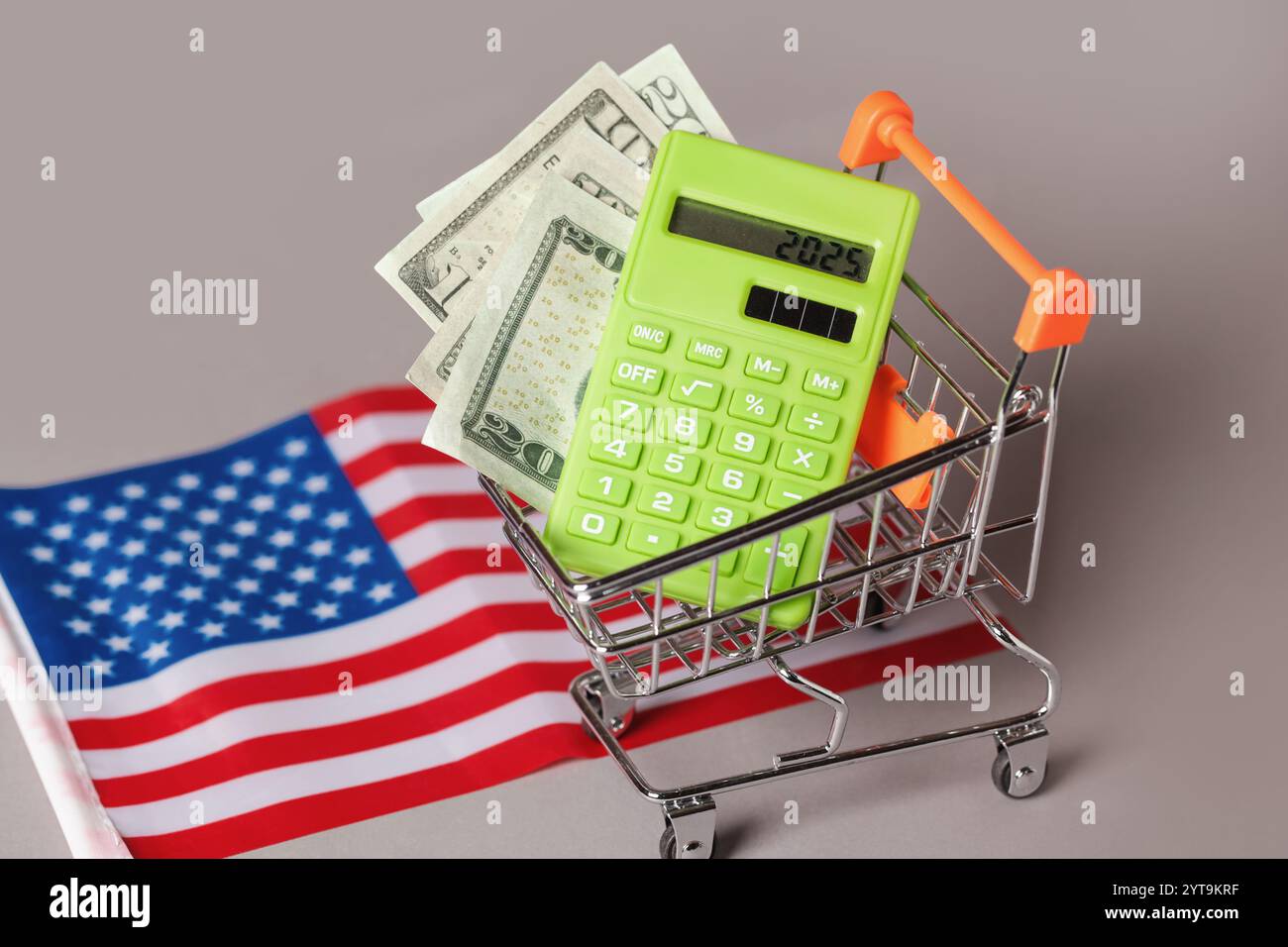 Shopping Cart trolley, Green Calculator, American Flag. Concept Inflation for Grocery Expenses ...