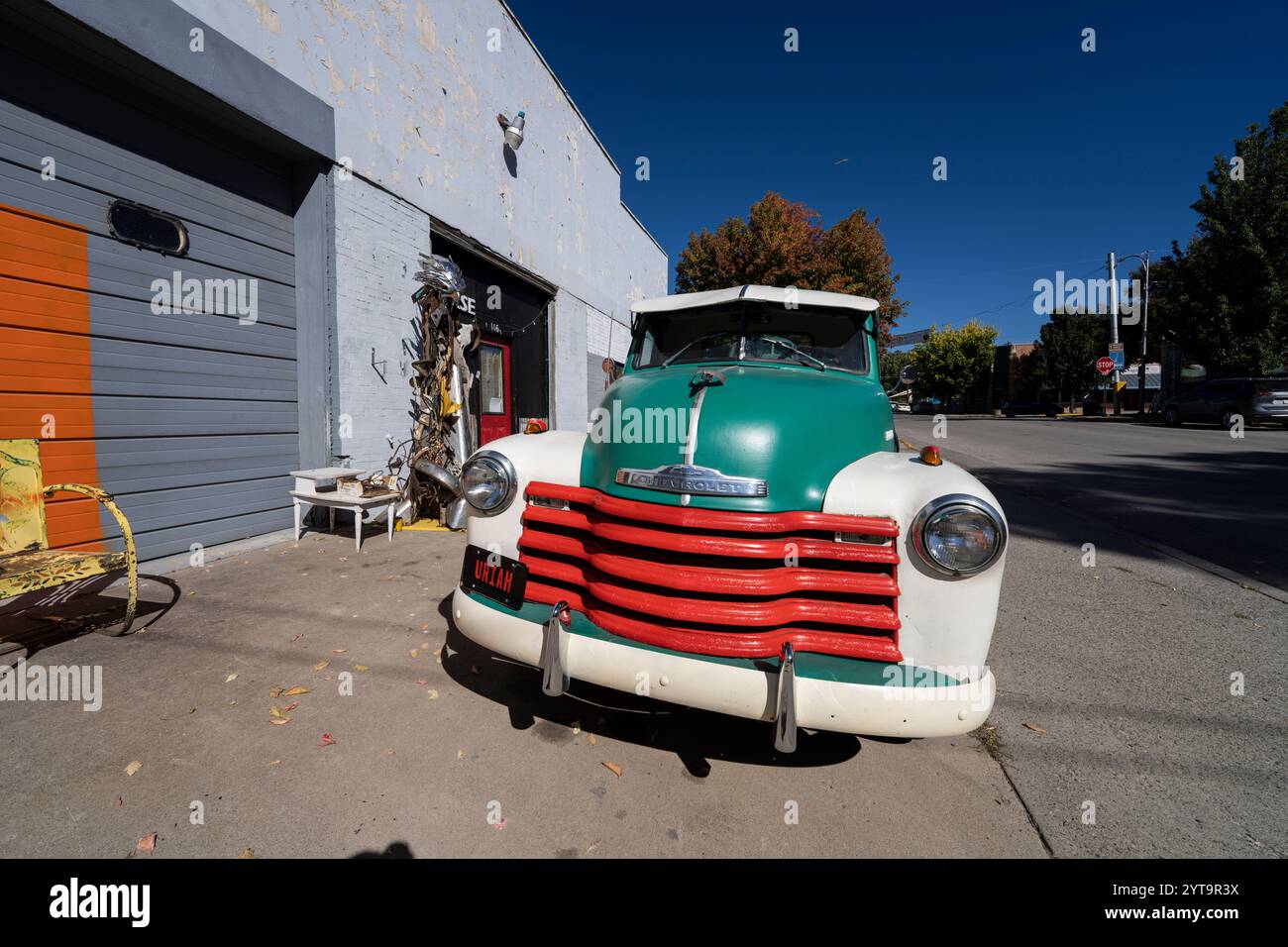 9/25/22 PAONIA COLORADO USA - classic brightly colored pickup truck is ...