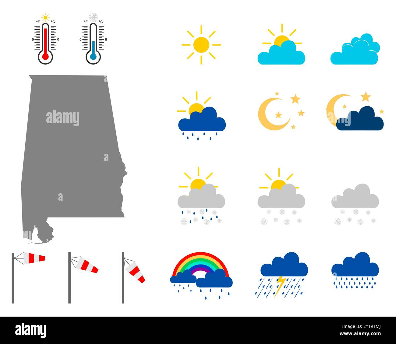 Map of Alabama with weather symbols Stock Photo - Alamy