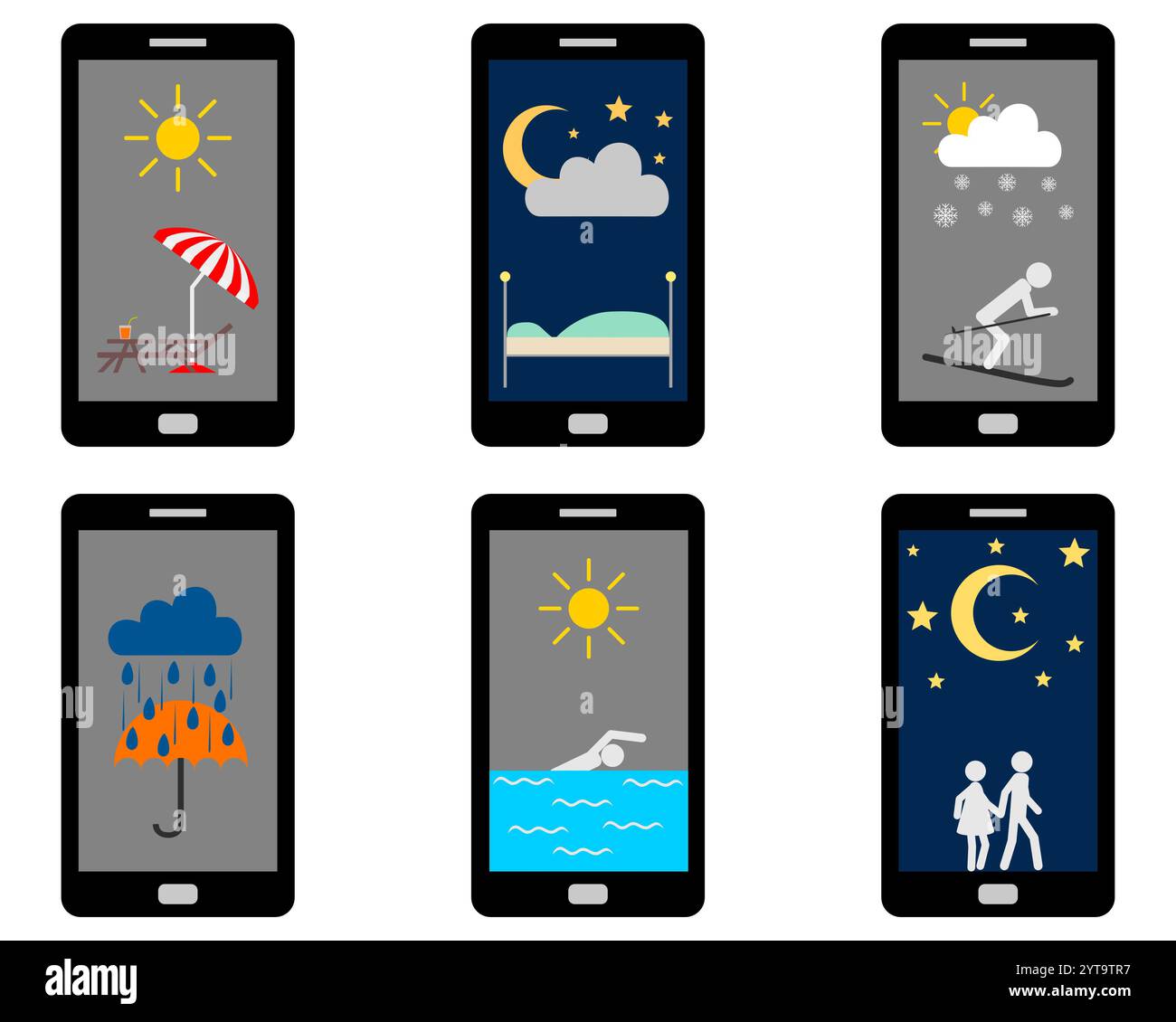 Various weather icons and leisure activities on smartphone Stock Photo ...