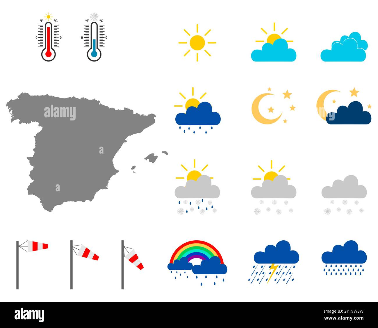 Map of Spain with weather symbols Stock Photo - Alamy