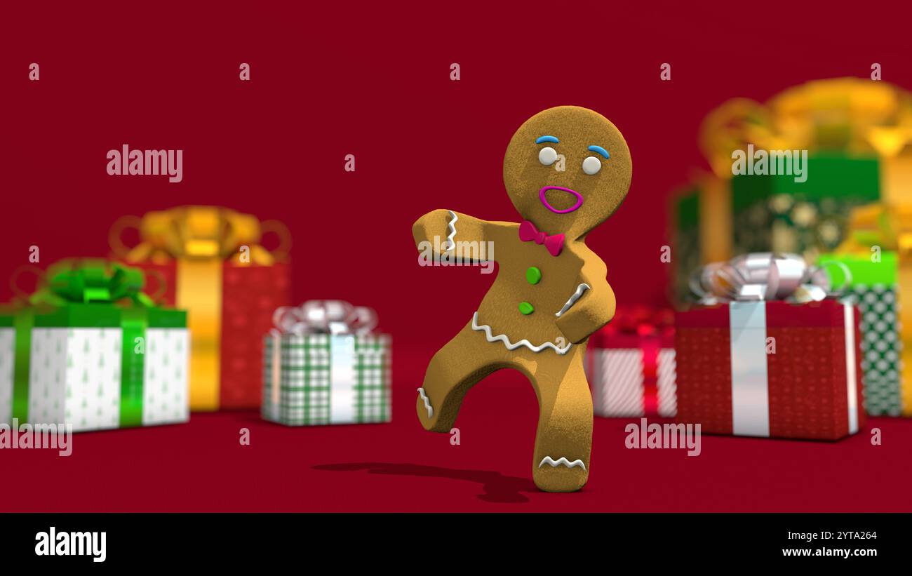 Happy dancing Gingerbread man on red surface against defocused gift ...