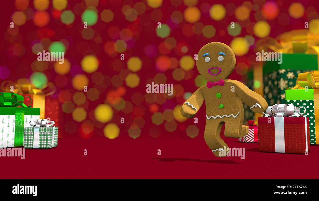 Happy dancing Gingerbread man on red surface with gift boxes against ...
