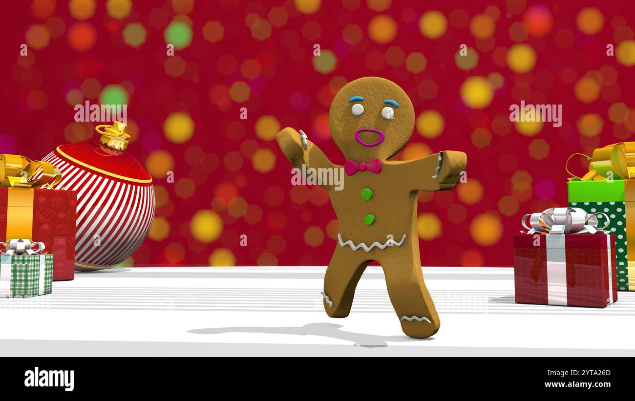 Happy dancing Gingerbread man on white surface with gift boxes against ...