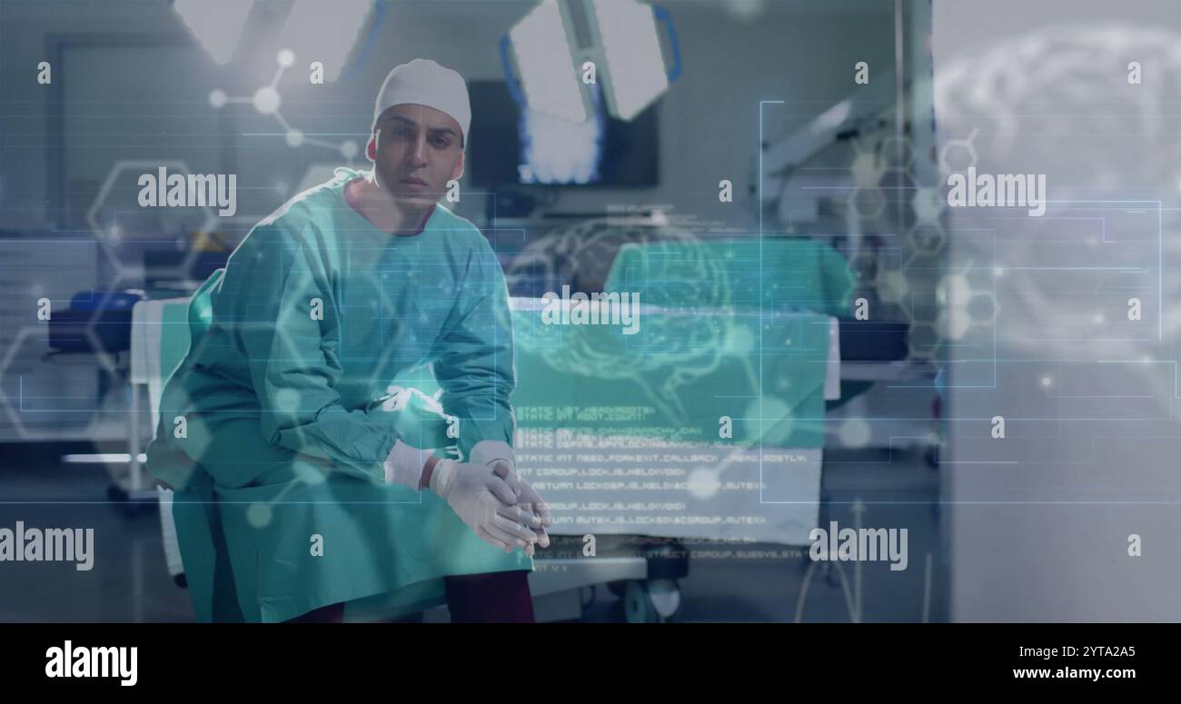 Image of data processing with molecules and brains over caucasian male ...