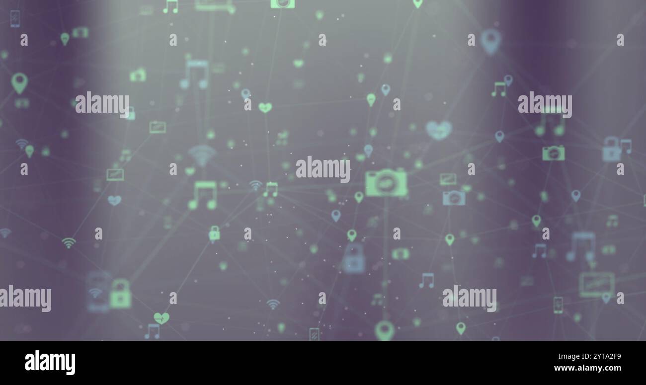 Image of network of connections with icons on grey background Stock ...