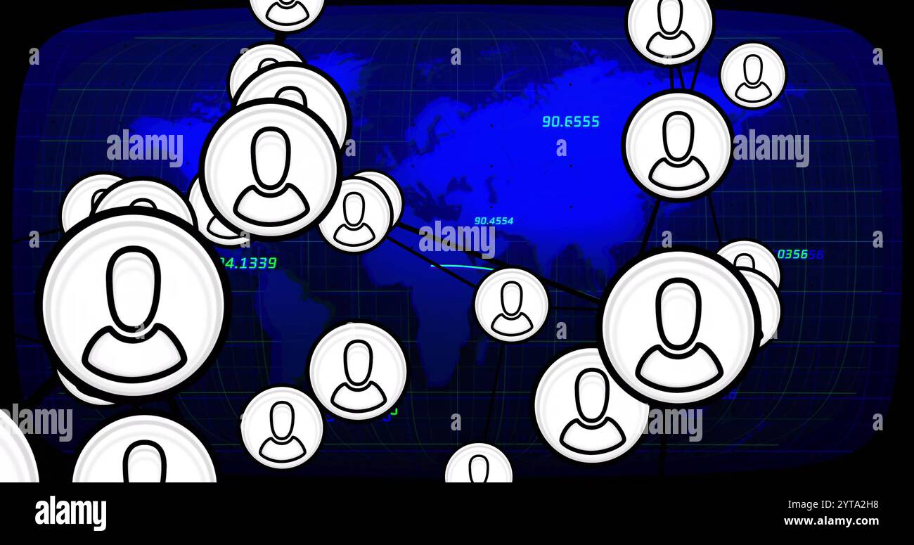 Image of network of connections with people icons and data over world ...