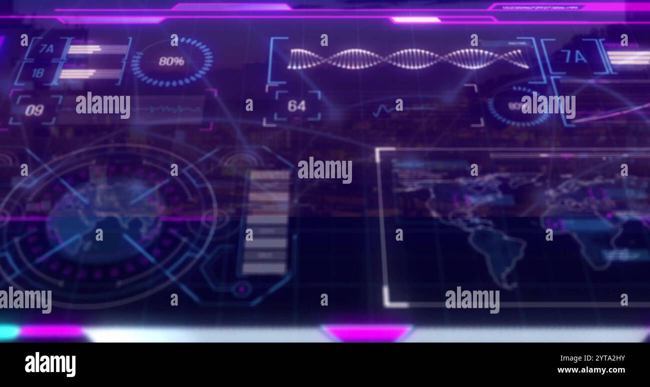 Futuristic data analysis and processing image over cityscape background ...