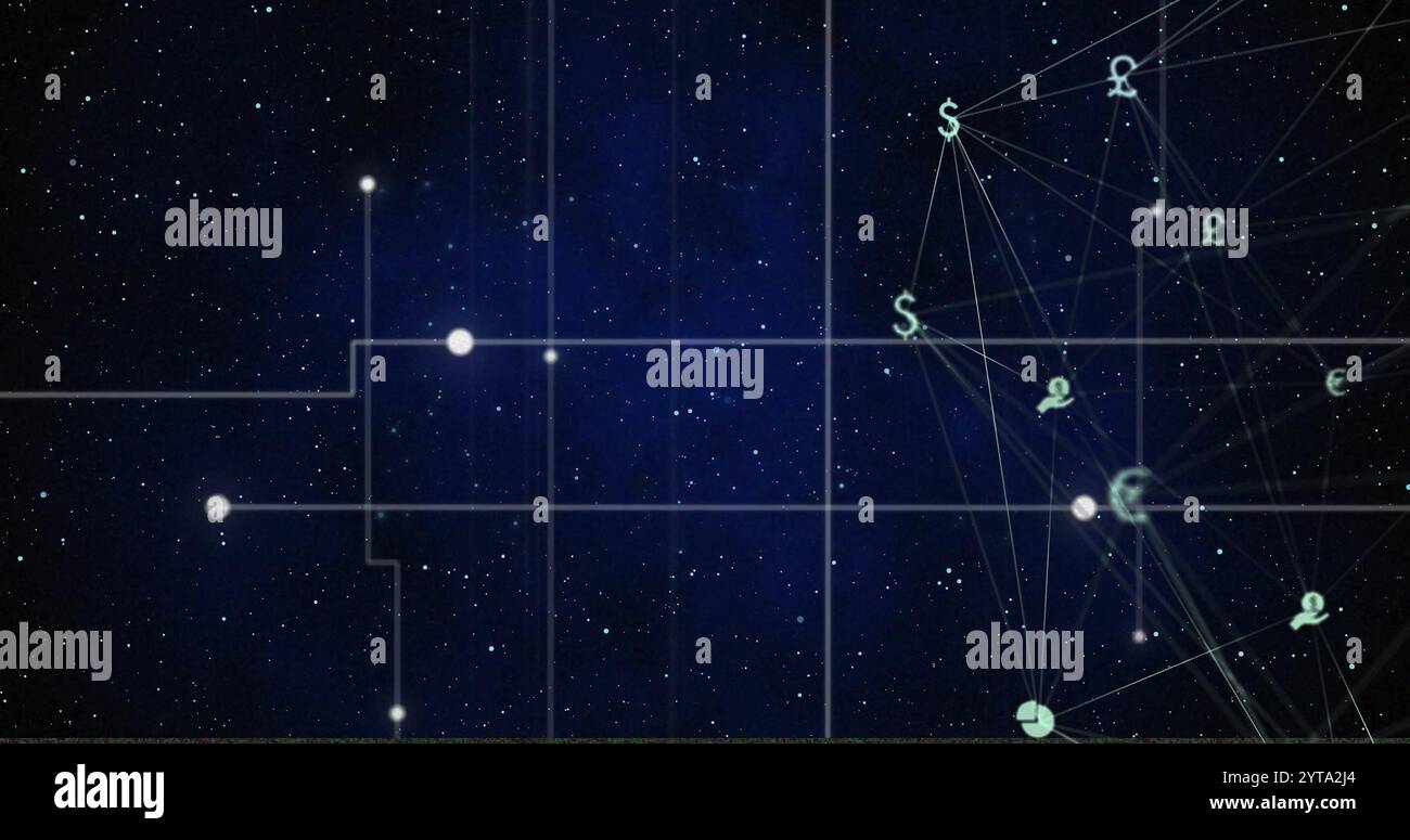 Currency symbols and network connections image over starry night sky ...