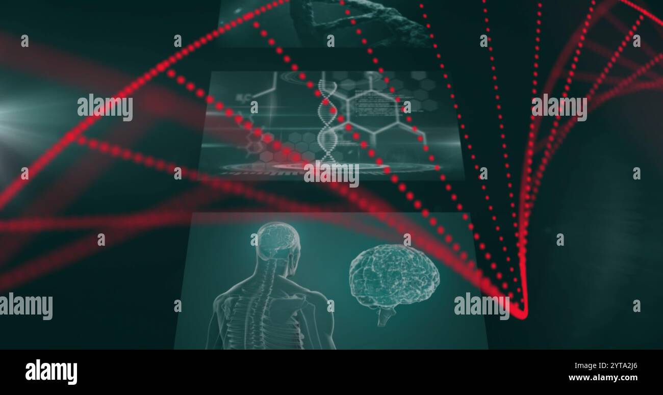 Red dotted lines connecting screens displaying scientific data and ...