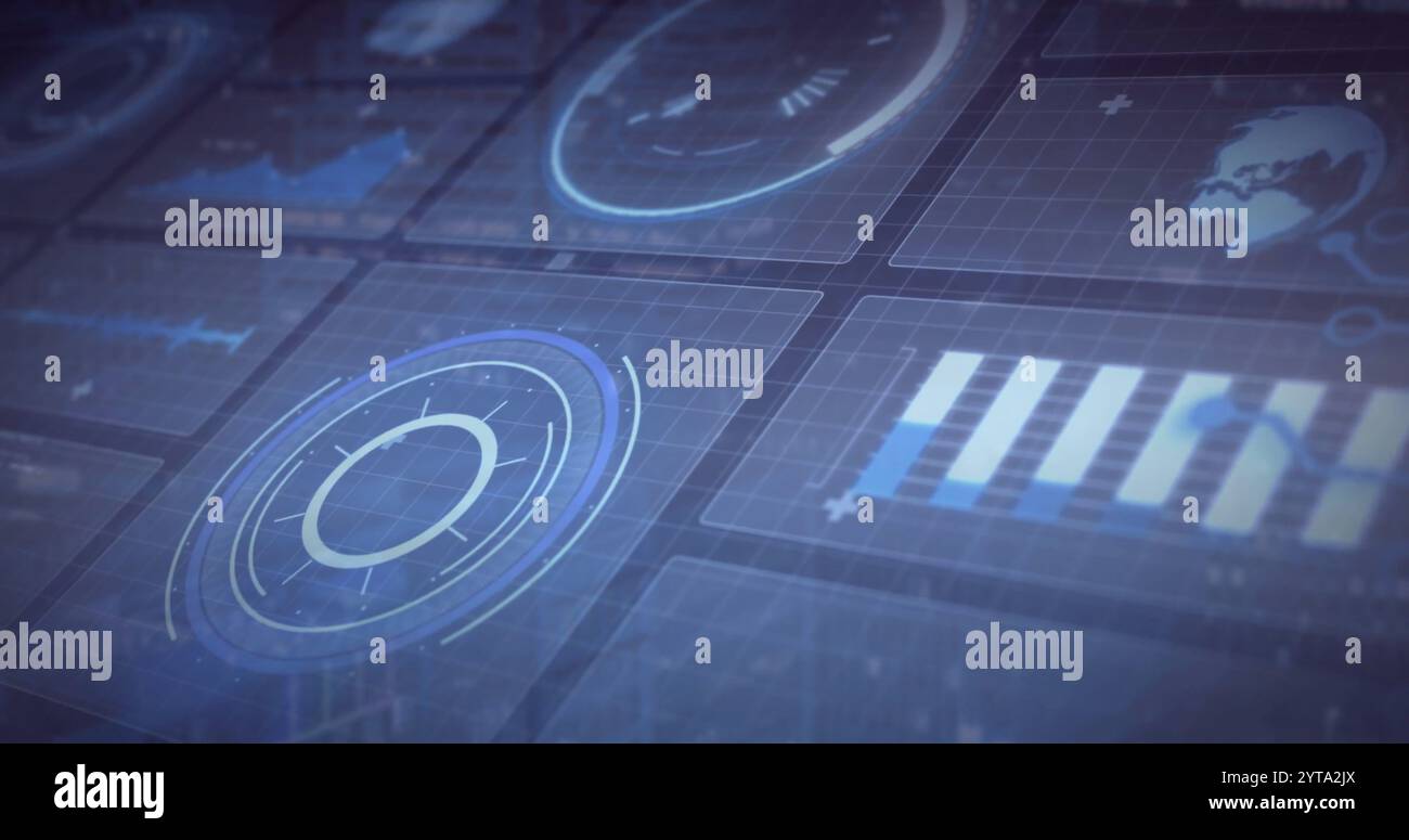 Digital data charts and graphs image over blue grid background ...