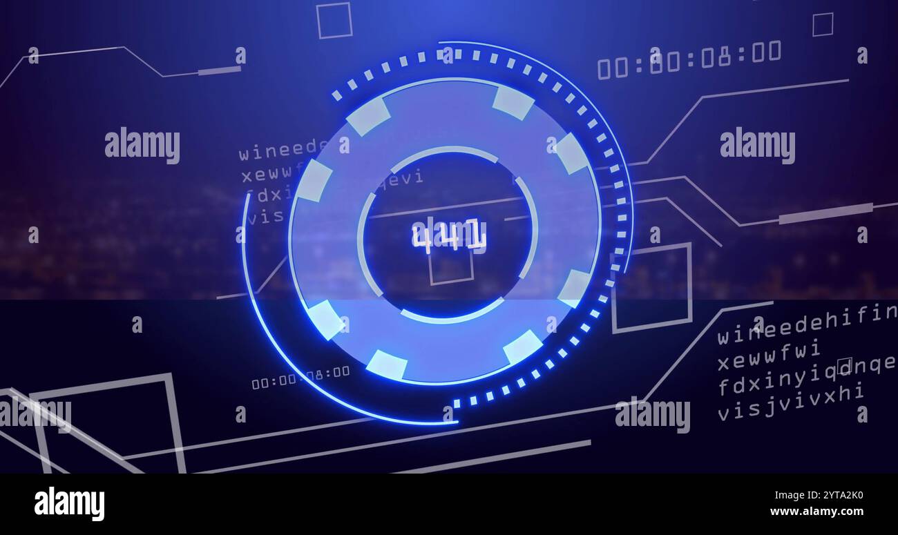 Futuristic digital interface with rotating elements and numbers image over data codes Stock ...