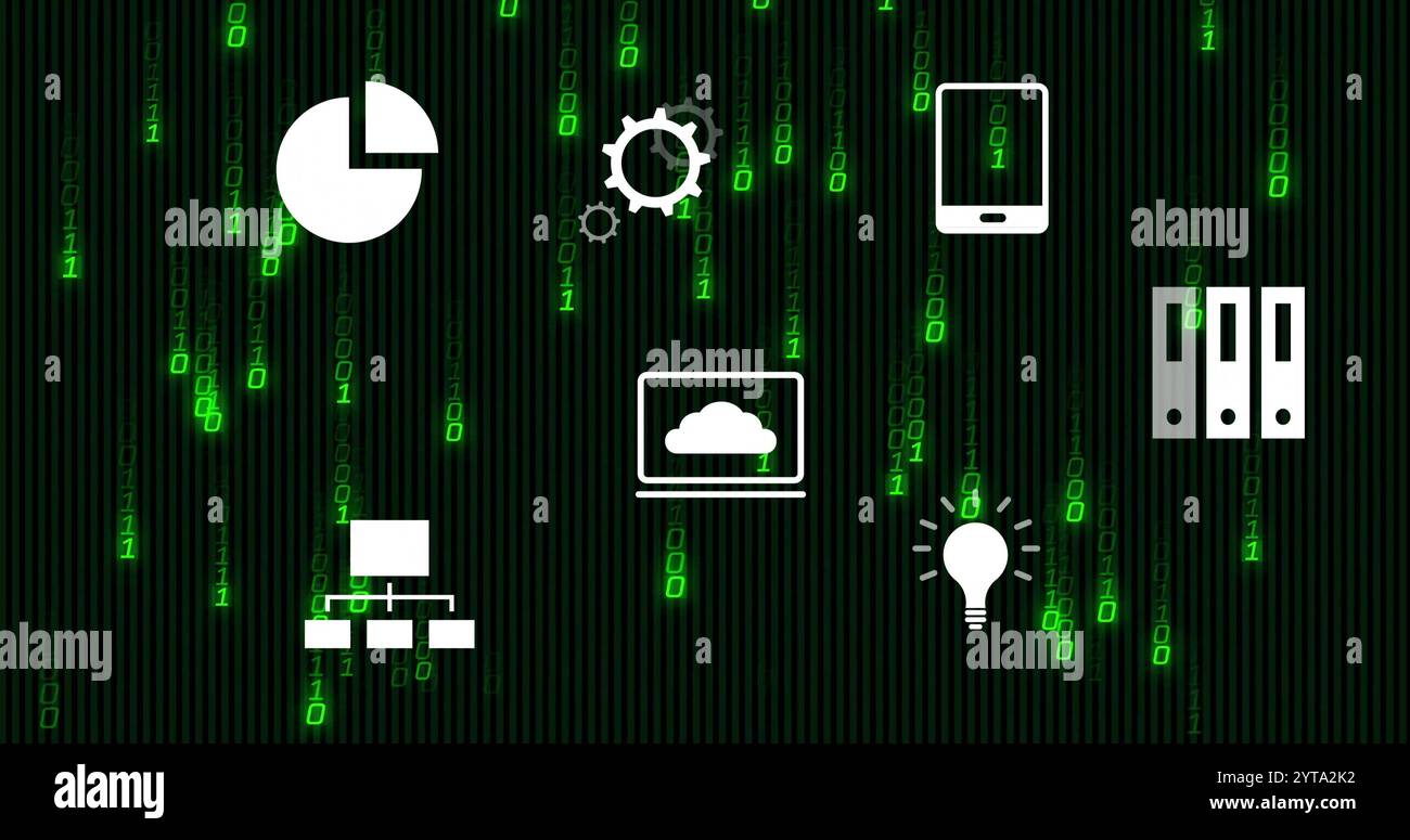 Technology icons including pie chart and light bulb over binary code ...
