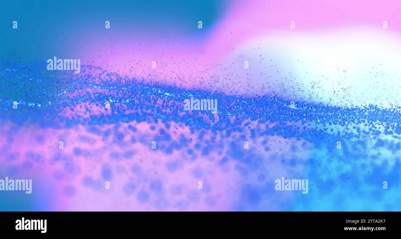 Blue particles forming wave patterns over pink and purple gradient ...