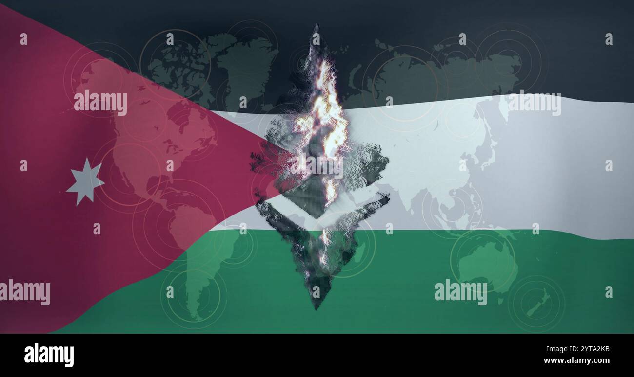 Jordan flag with world map and digital abstract shapes image Stock ...
