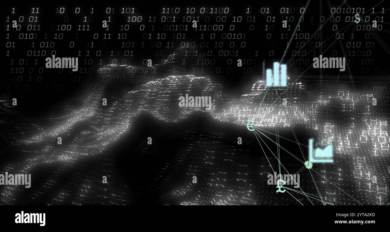 Binary code and financial symbols image over digital world map Stock ...