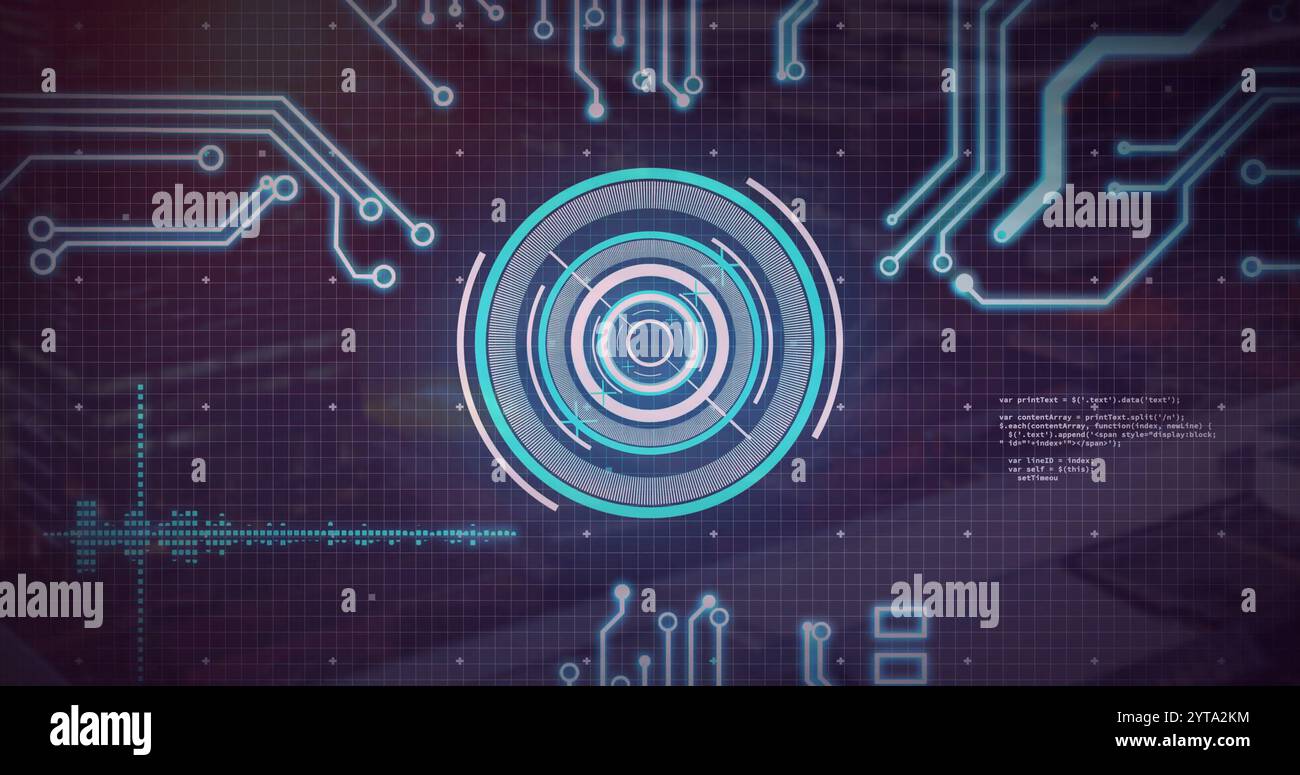 Circuit board and digital target image over grid background Stock Photo ...