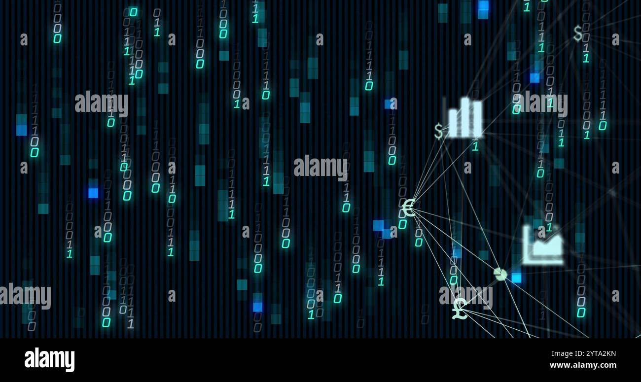 Binary code and financial symbols image over dark background with ...