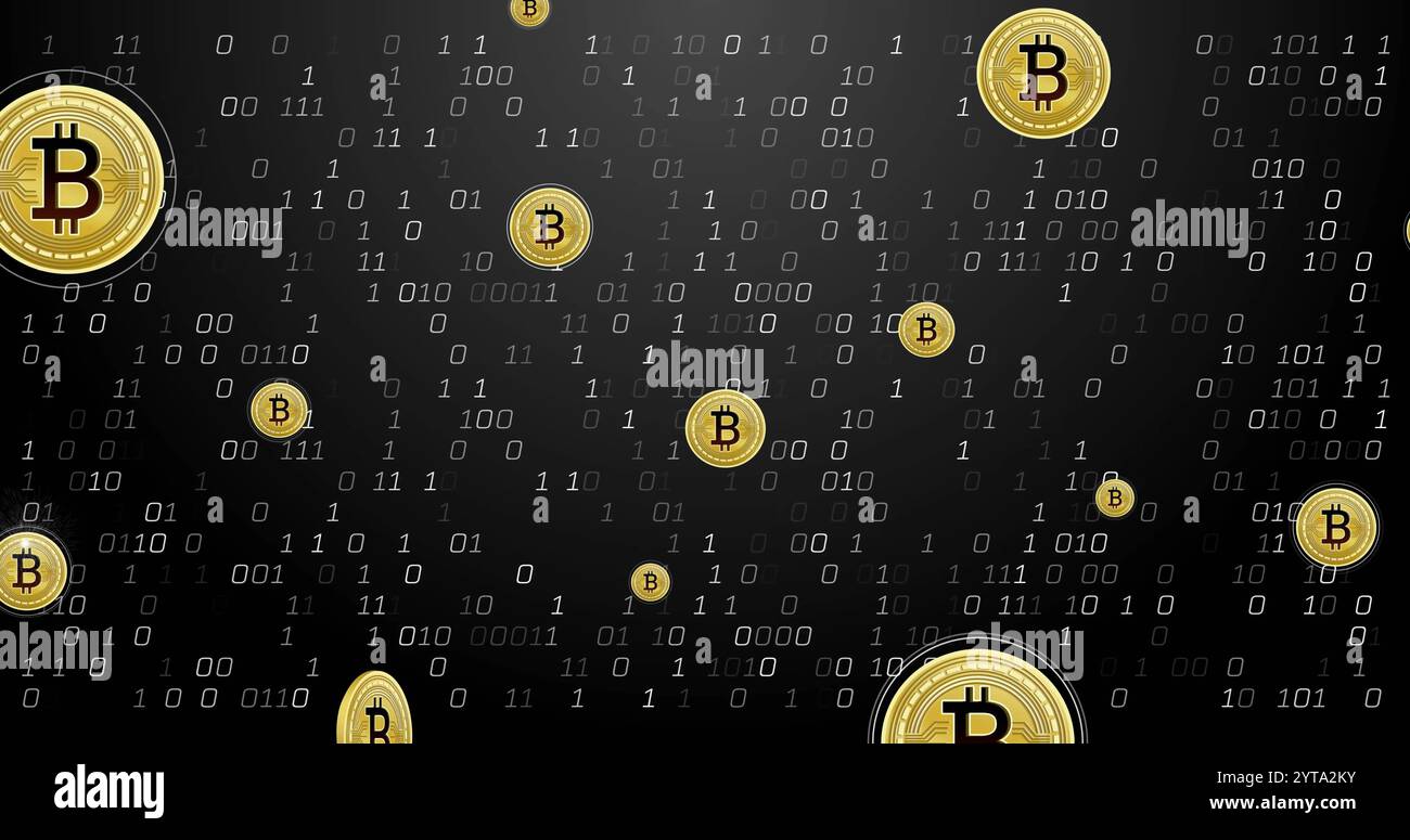 Bitcoin symbols with binary code image over dark background Stock Photo - Alamy