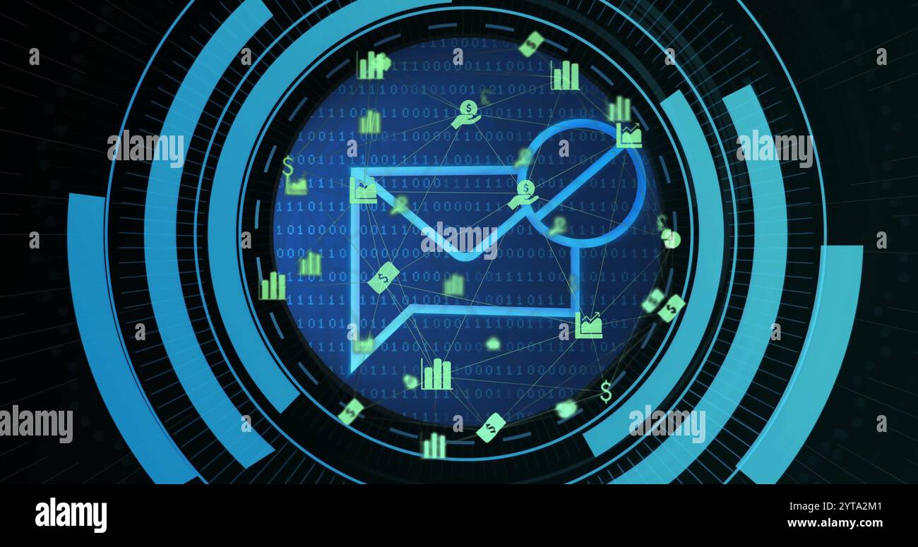 Email icon and financial data image over binary code background. Business, technology, finance ...