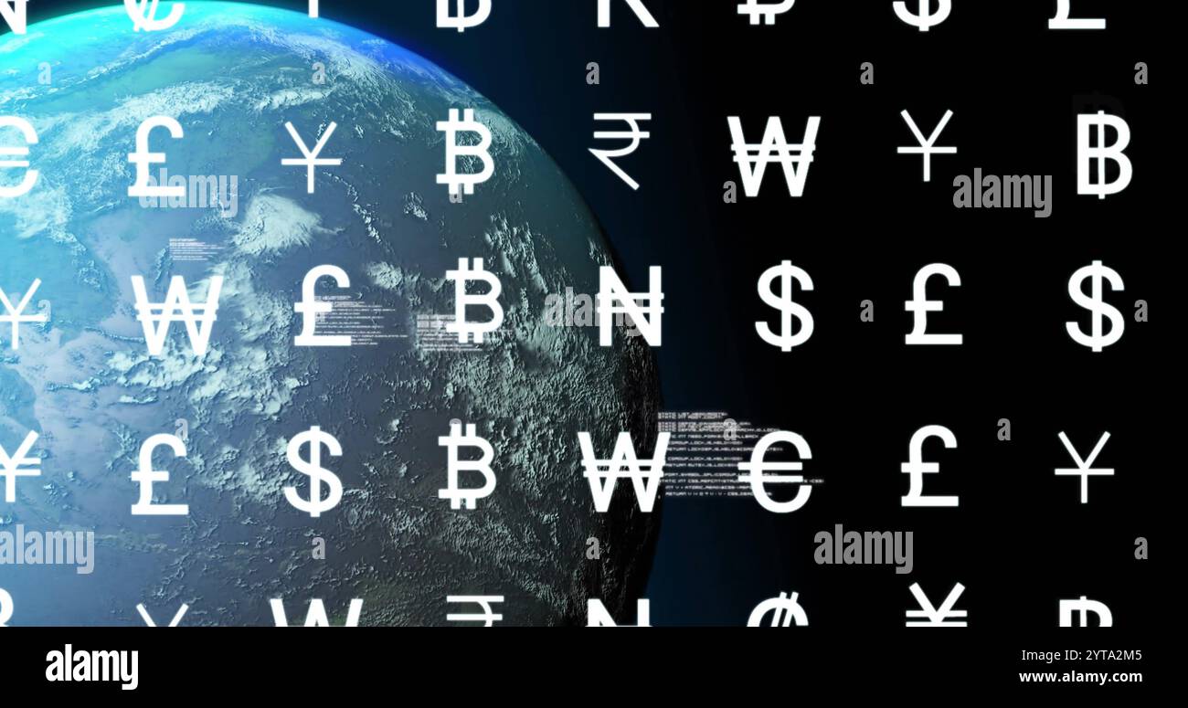Currency symbols image over rotating Earth in space. Finance, global ...