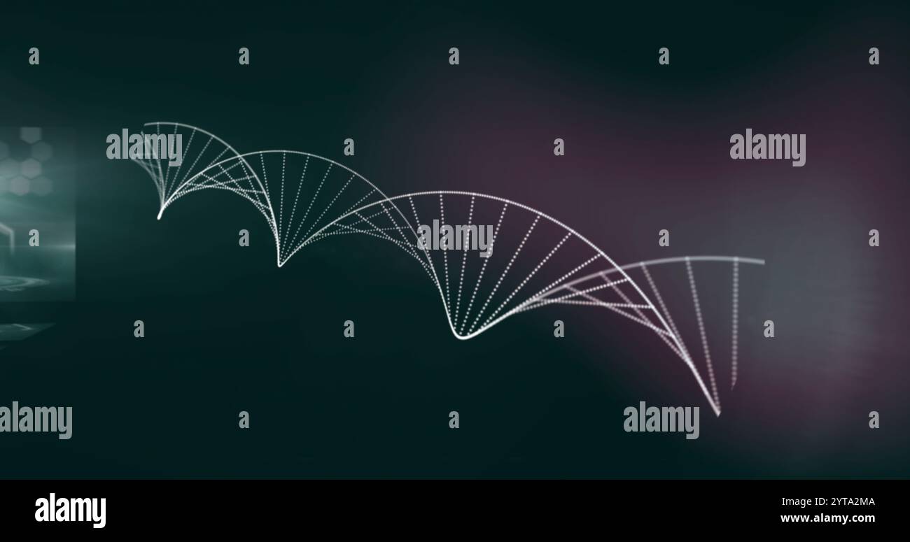 DNA strand image over scientific data processing screens. Genetics ...